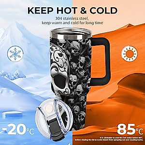 FZQVSGW Black And White Skulls 40 Oz Tumbler with Handle And Straw Stainless Steel Vacuum Insulated Tumblers Reusable Keep Drinks Cold Coffee Cup Holder Friendly Gifts for Women Men Car Gym Travel