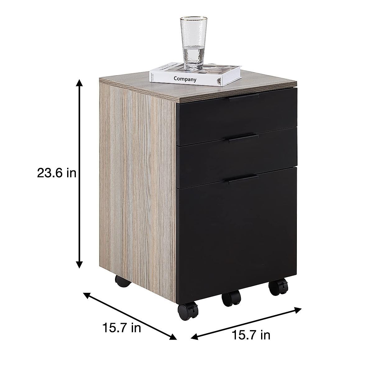 JJS 3 Drawer Rolling Wood File Cabinet with Locking Wheels, Home Office Portable Vertical Mobile Wooden Storage Filing Cabinet for Letter Size, Black