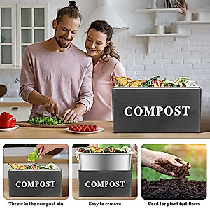 Compost Bin for Kitchen Counter,Countertop Compost Bin with Lid,Kitchen Compost Bin Indoor Compost Container,Food Waste Bin,Smell Proof Stainless Steel Insert 1.6 Gallon and Wood Box Black