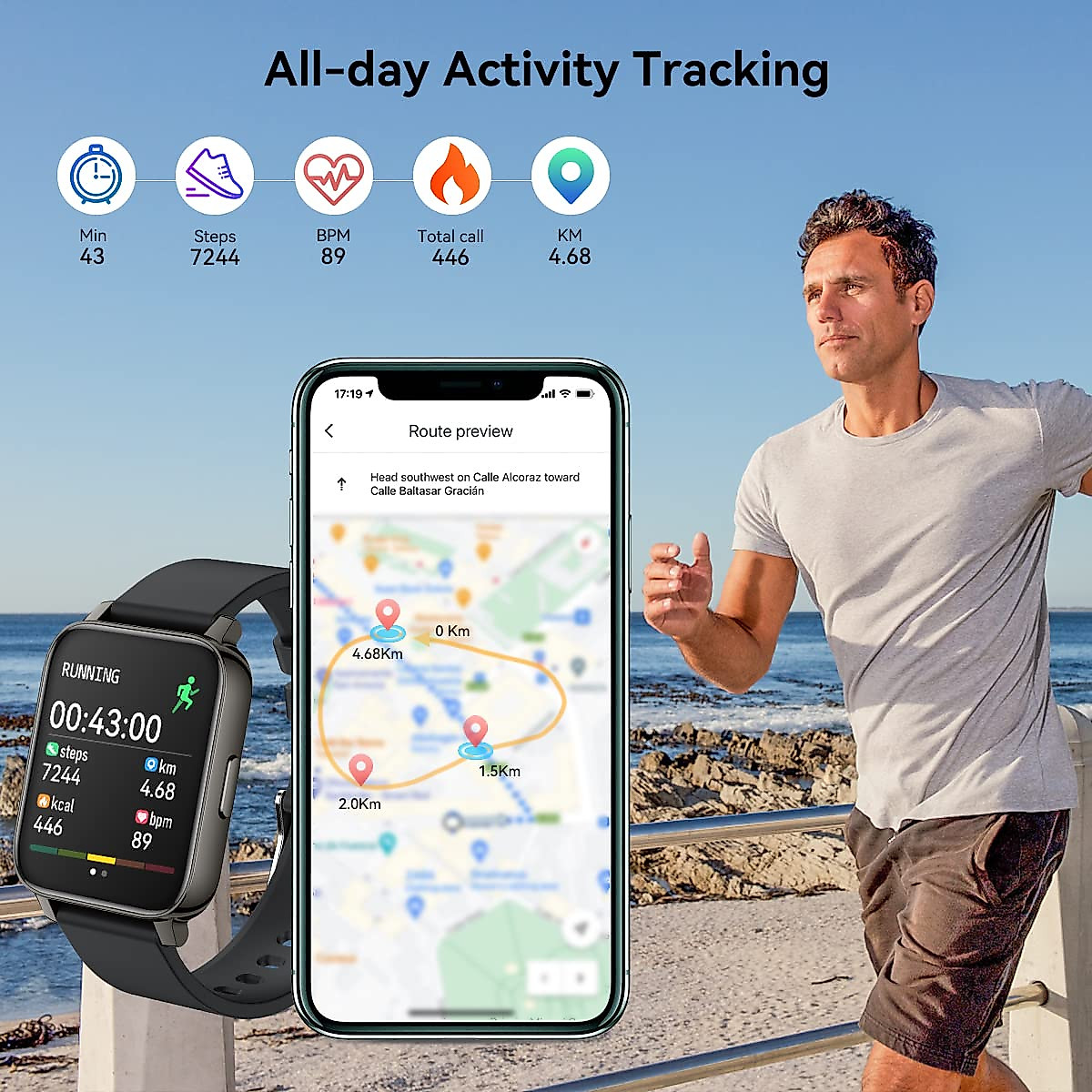 Smart Watch for Men Women IP68 Waterproof Smart watches Fitness Tracker with Blood Pressure Heart Rate Sleep Monitor, 1.69" Touch Screen Smartwatch Compatible with Android iOS Phones Step Counter