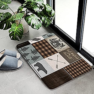 Cabin Bathroom Mat Retro Rustic Lodge Bear Moose Deer Elk Wolf Forest Adventure Awaits Buffalo Plaid Country Hunting Style Home Kitchen Flannel Non-Slip Rug Doorway Welcome Carpet 29.5x17.7inch
