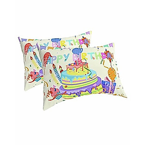 Edwiinsa Happy Birthday Pillow Covers Standard Size Set of 2 20x26 Bed Pillow, Birthday Cake Colorful Balloons Plush Soft Comfort for Hair/Skin Cooling Pillowcases with Envelop Closure