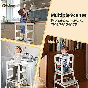 Saihony Standing Tower for Toddler, Kids Kitchen Step Stool Toddler Standing Tower Helper for Kitchen Counter and Bathroom Sink, Wooden Kids Montessori Learning Standing Stool with Safety Rail White