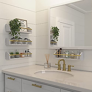 WOPITUES Floating Shelves with Protective Metal Rail, Small Bathroom Shelves Set of 4, Spice Rack Wall Mount, Wood Shelves for Kitchen, Living Room, Bedroom, Nursery Book- Modern White and Gold