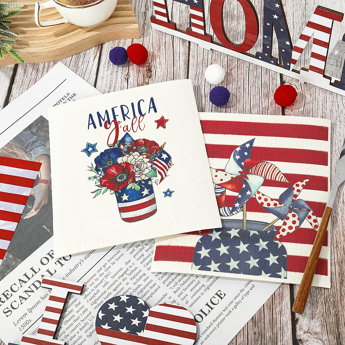 AnyDesign Happy 4th of July Swedish Dishcloths American Flag Stars Truck Gnome Kitchen Dish Towel 7x8 Patriotic Reusable Cotton Kitchen Towel for Independence Day Home Cleaning Housewarming, 6 Pack