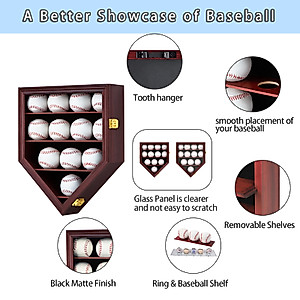 BYOSII Baseball and Championship Ring Display Case 12 Baseball Holders for Balls Display Baseball Ring Display Wall Cabinet with 98% Uv Protection for Collection Autographed Baseball Championship Ring