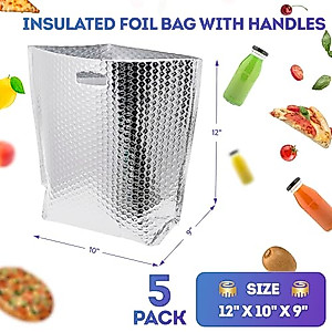 APQ Insulated Foil Bag with Handles, 12 x 10 x 9 Inches. 5 Pack Thermal Bags for Frozen Food. Metallized Foil Insulated Box Liners with Bubble Cushion. Insulated Shipping Bags for Food, Cosmetics