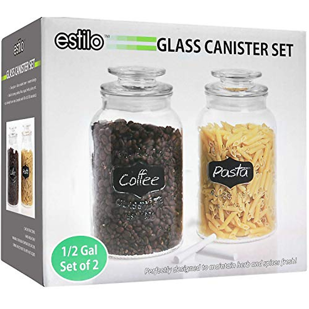 estilo Round Glass Canister Jars With Airtight Lids Ideal for Cookies, Candies, Cereal, Includes Chalkboard Labels And Chalk-1/2 Gallon (Set of 2), Clear
