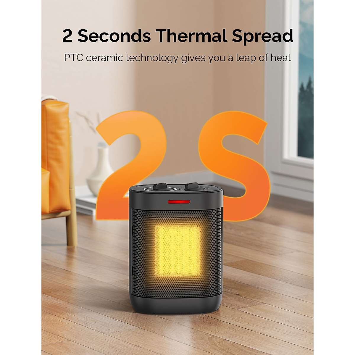 Small Space Heater for Indoor Use, PTC Electric Heater for Bedroom, 1000W Fast Heating with Thermostat, Overheating & Tip-Over Protection, Portable Small Heater