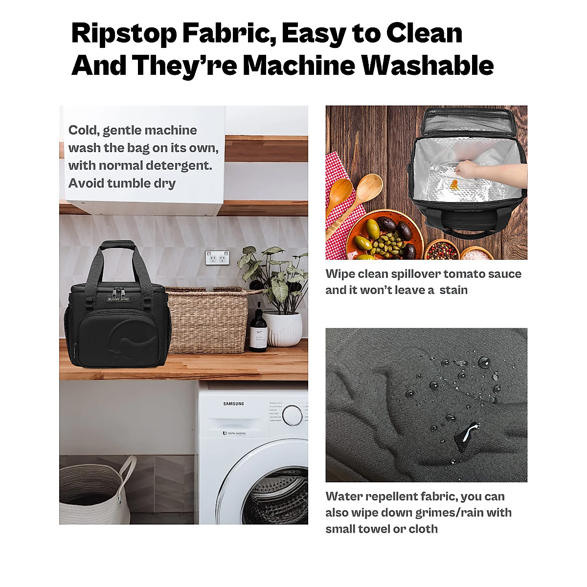 SUNNY BIRD 12L Large Insulated Lunch Bag, Leakproof and Foldable Lunch Cooler Box for Women Adult and Men, Fits 18 Cans (Black 01)