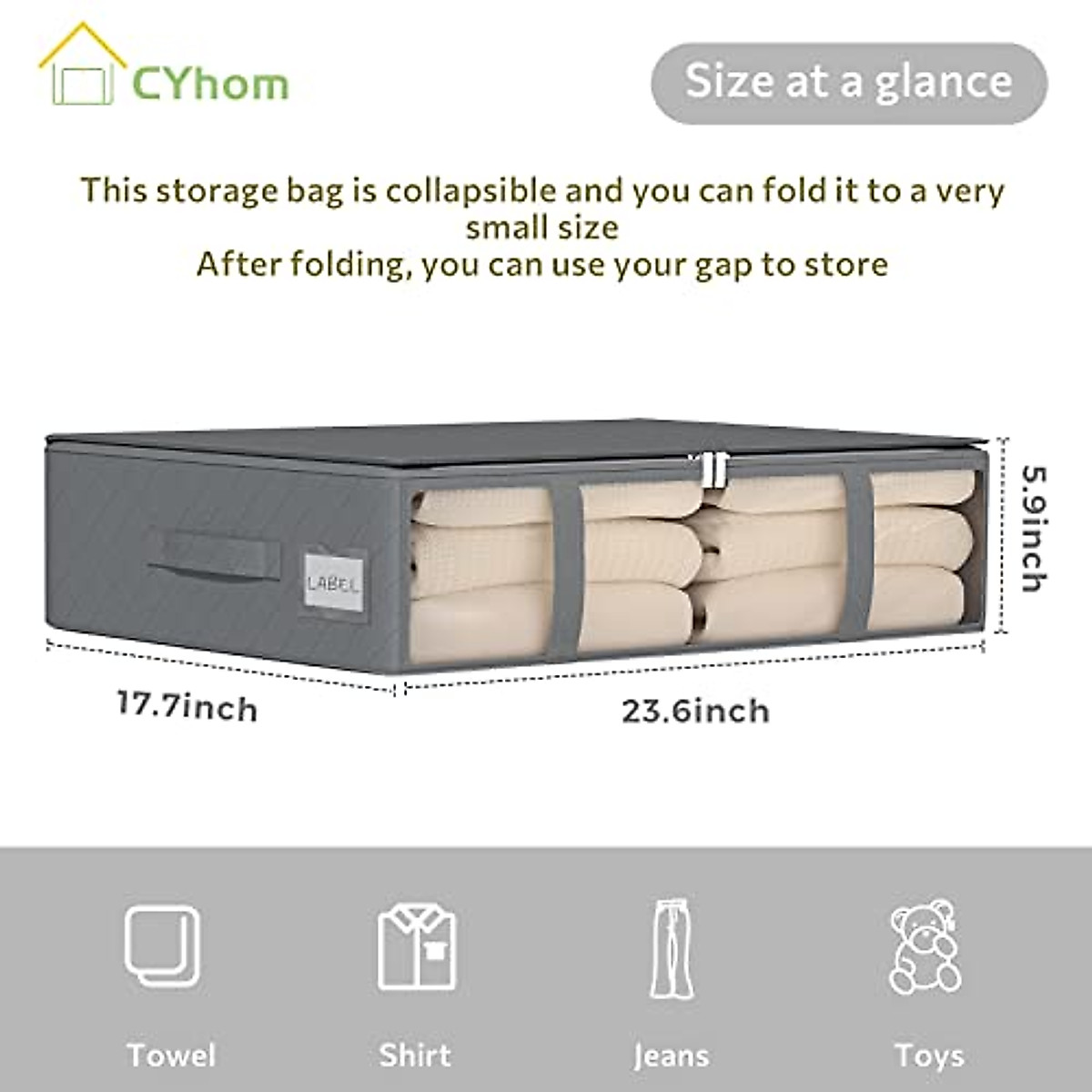 Under Bed Storage Bins - Clothes Storage Bags Underbed Container Foldable Large Capacity Thick Breathable Fabric Clothes Organizer for Clothing, Shoes, Blankets, Sweaters, Toys (Grey, 2 Pack)