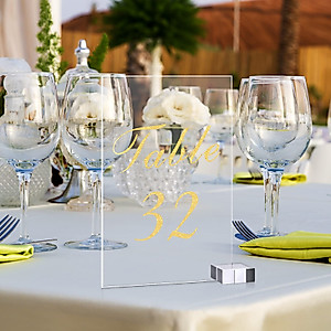 Acrylic Wedding Table Numbers with Stands 1-40 Gold Table Number Signs and Holders 4 x 6 Inch Printed Calligraphy Table Number Holders Clear Acrylic Sign for Wedding Reception Centerpiece Event Party