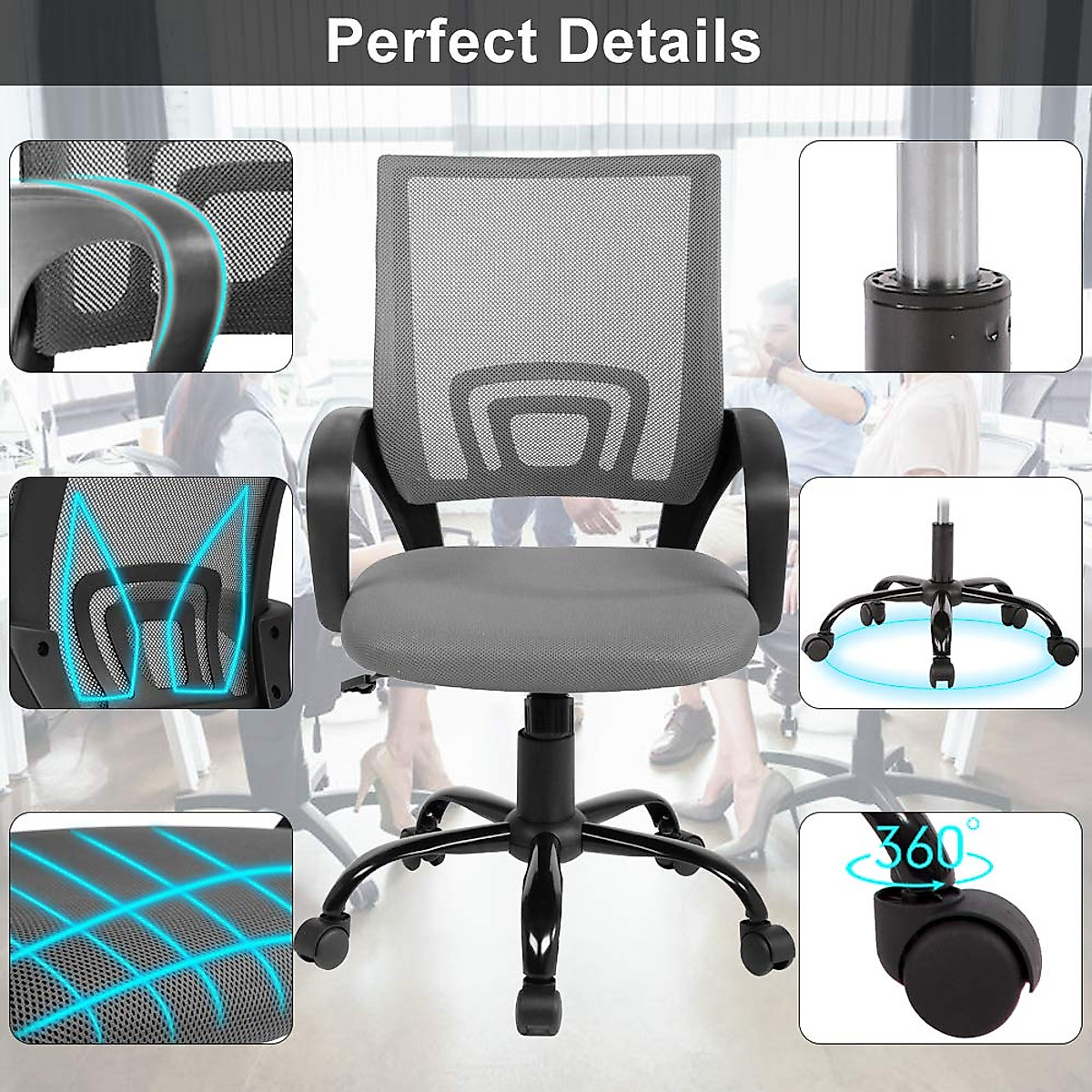Office Chair Desk Chair Computer Chair Ergonomic Mid Back Mesh Chair with Lumbar Support & Armrest Modern Adjustable Height Swivel Task Executive Chair for Women Men Adult, Grey