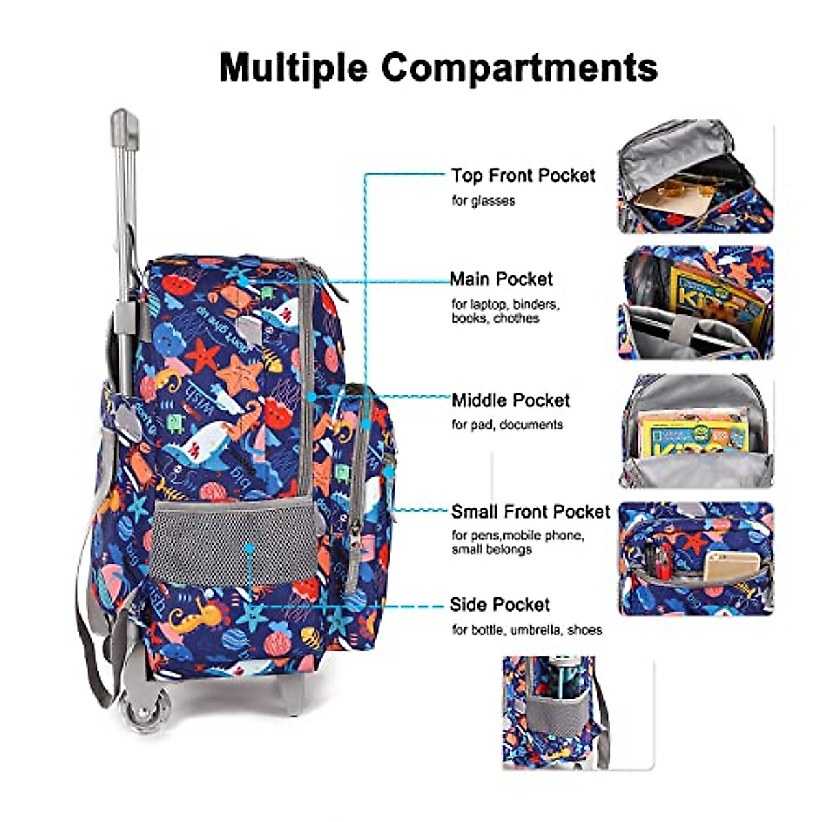 Tilami Rolling Backpack 18 inch Double Handle Wheeled Laptop Boys Girls Travel School Children Luggage Toddler Trip, Shark