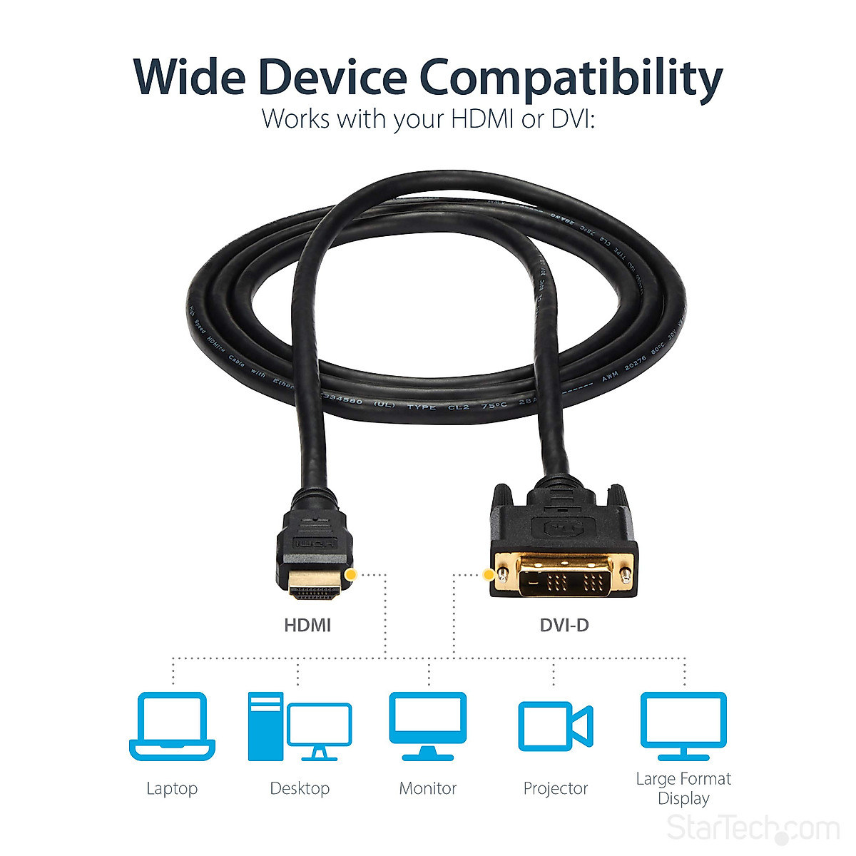 StarTech.com 6ft HDMI to DVI D Adapter Cable - Bi-Directional - HDMI to DVI or DVI to HDMI Adapter for Your Computer Monitor (HDMIDVIMM6)