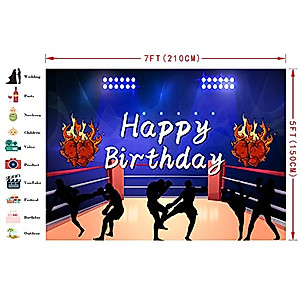 FHZON Boxing Birthday Backdrop Ring Blue Lights Photo Booth Wrestling Boxers Red Flame Gloves Banner Props Gym Decor Supplies Theme Party Live Background 7x5ft BJZZFH125