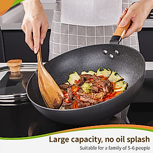 Wok Stir Fry Pan with Lid, Nonstick Woks Pan 12 Inch, 100% PFOA-Free Coating, Non Stick Cooking Frying Pans with Detachable Wooden Handle, Induction Compatible, Black