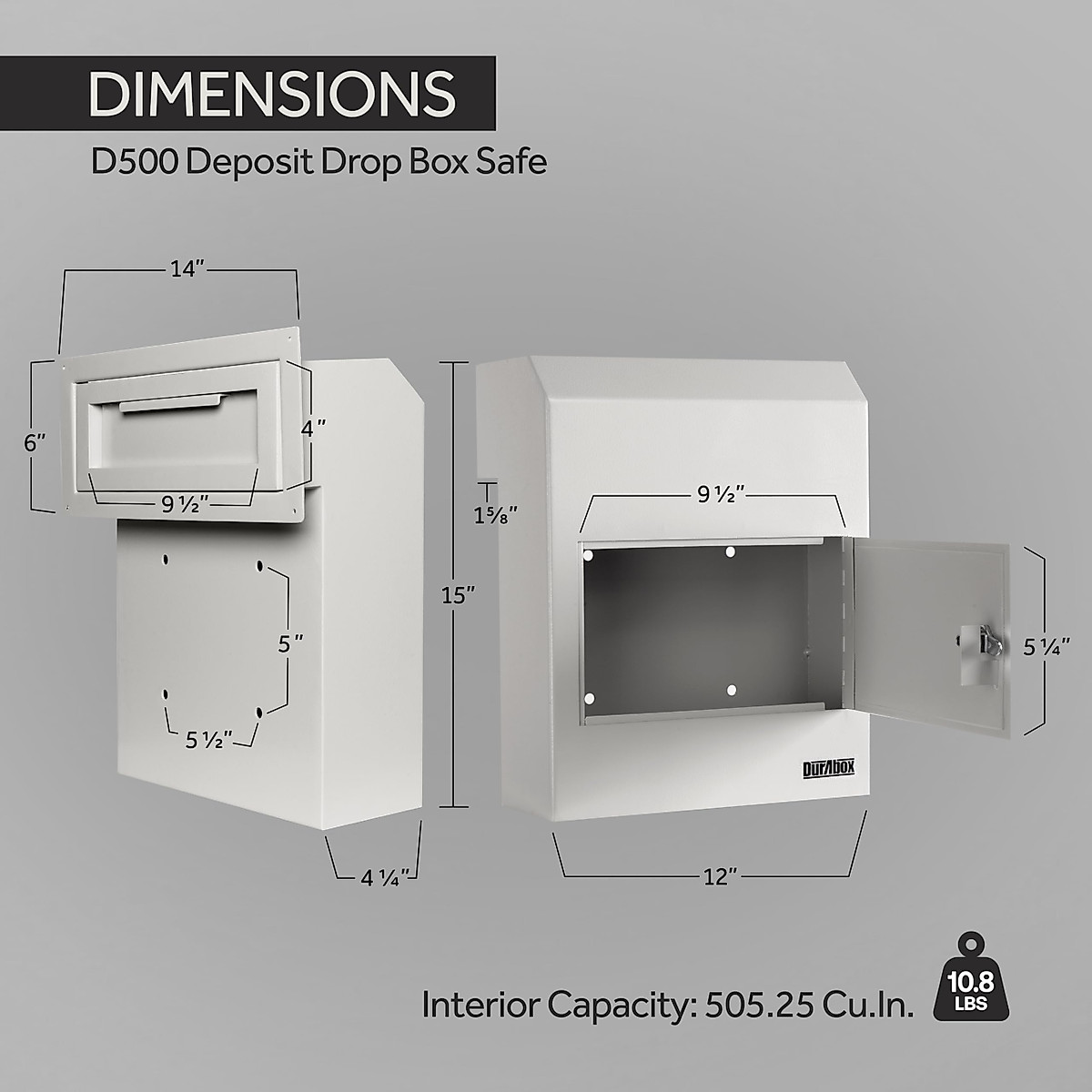 Durabox Through-The-Door Drop Box Deposit Safe 12 x 6 x 15 - Heavy Duty Steel Mailbox with Lock for Receiving Mail, Checks, Letters, Cash and More for Home, Office and Commercial Use (D500) (Gray)
