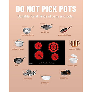 Weceleh Electric Cooktop 30 Inch, Built-in Ceramic Cooktops 6400W, Electric Stove Top with 4 Electric Burners, 9 Heating Level, Kid Safety Lock, Sensor Touch Control, 99Mins Timer, 220-240V (NO PLUG)