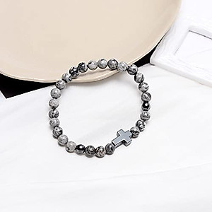 Softones 6mm Cross Beaded Bracelet for Girls Women Natural Stone Stretch Link Prayer Bracelet for Boy Girls,7.1"