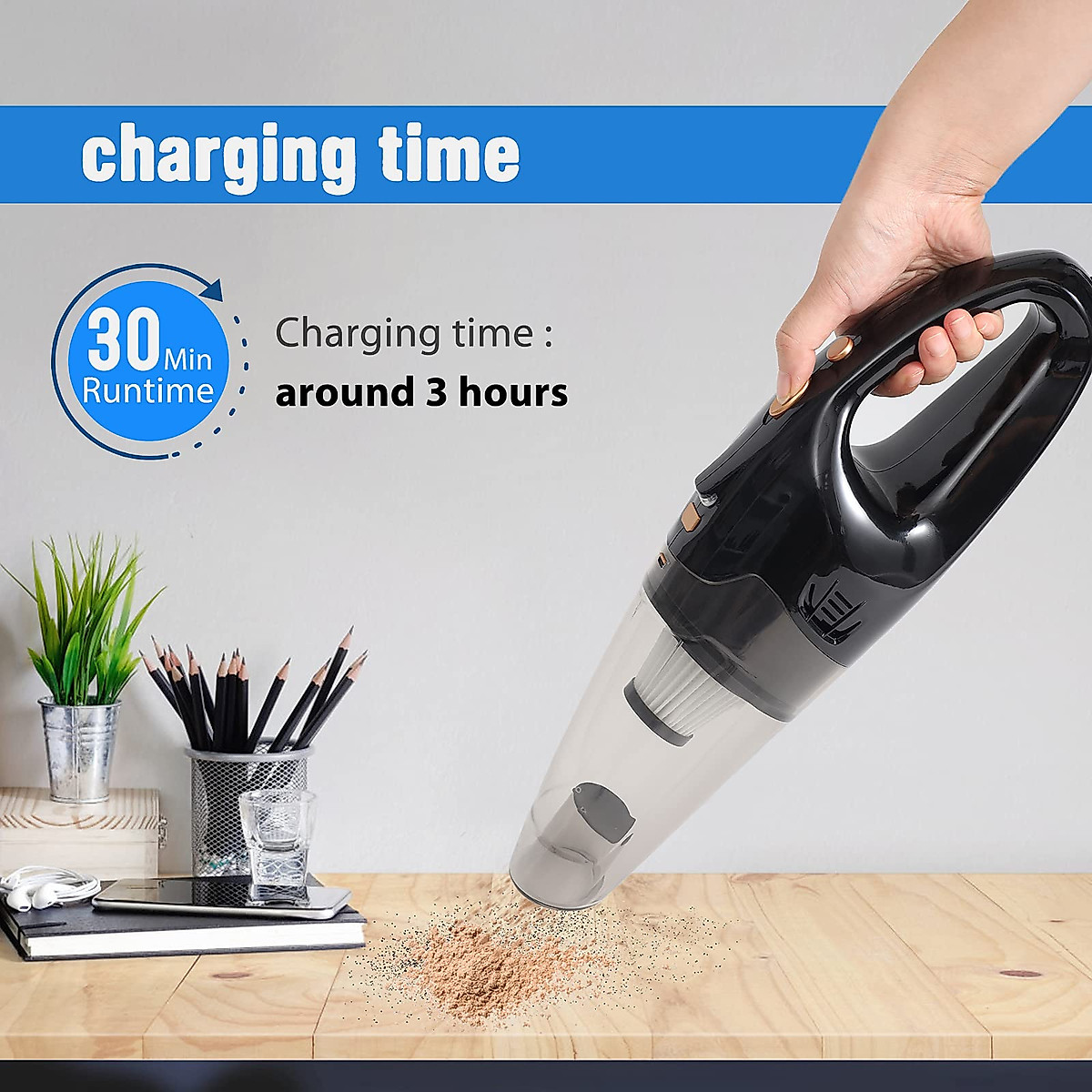 QYBEEDE Cordless Handheld Vacuum, 8000pa USB 120W Mini Car Vacuum with Led Light Cleaner Dry/Wet Powerful Suction Vacuum Rechargeable Portable Cleaner for Home, Kitchen, Pet Hair, Office