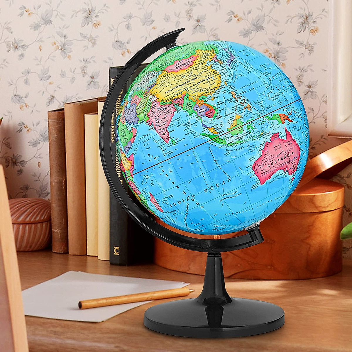 World Globe with Stand, 13" Desk Classroom Decorative Globe for Students & Geography Teachers, 360° Horizontal Rotation, Full Length 19.7 inch World Globe Map with Clear Text Markings, Blue