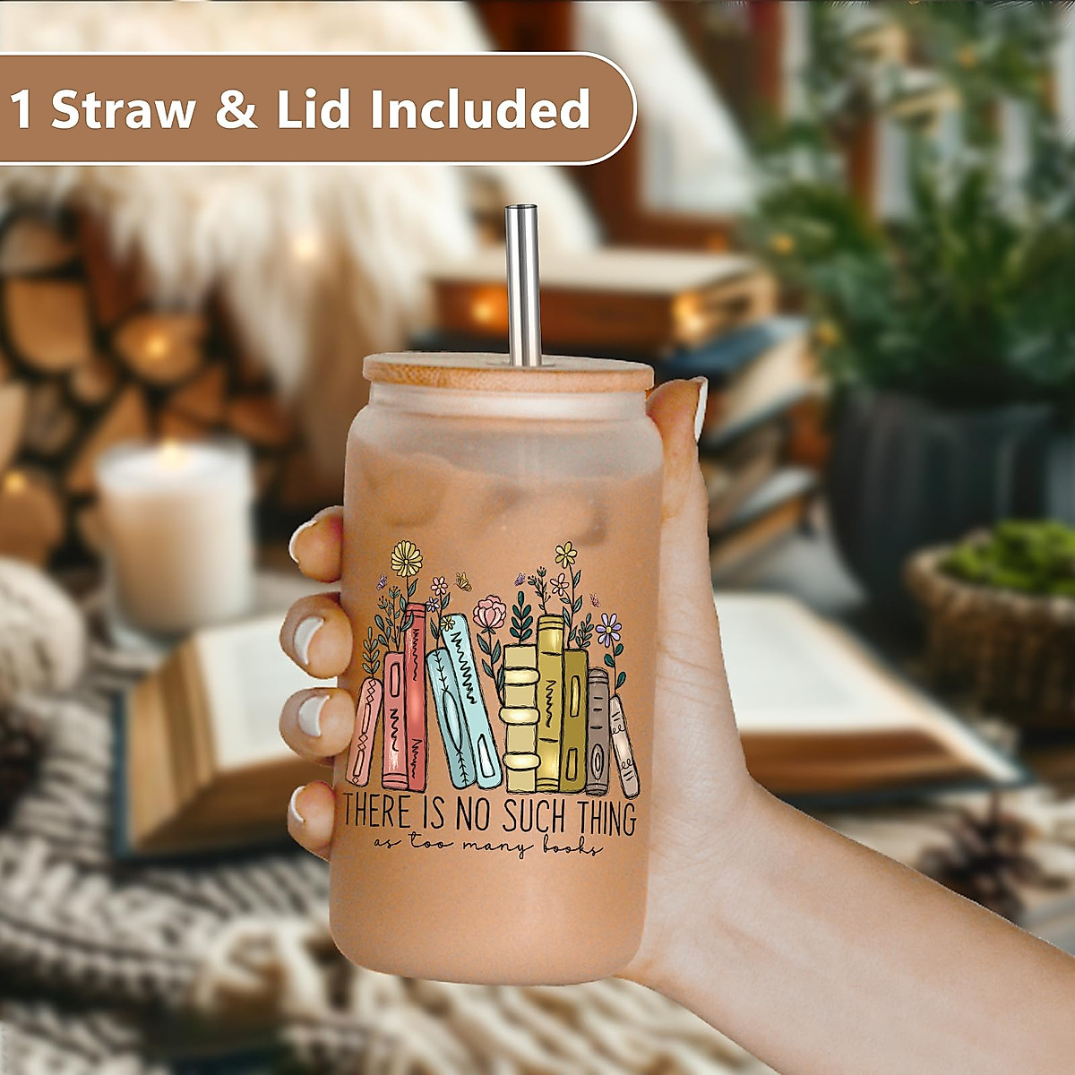 LEADO 16 oz Glass Cups with Lid and Straw - Book Gifts, Book Lovers Gifts - Bookish Gifts, Birthday, Christmas Gifts for Book Lovers, Readers, Bookworm - Book Themed Gifts, Book Accessories