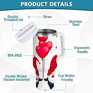 Cute Valentine's Gnome Stainless Steel Tumblers with Handle and Straw Lid for Water, Water Tumbler 30 OZ / 0.89 L
