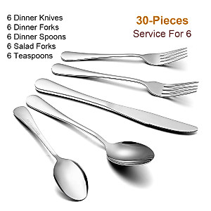 Wildone 30-Piece Silverware Flatware Cutlery Set, Stainless Steel Tableware Utensils Service for 6, Include Dinner Knives/Forks/Spoons, Mirror Polished, Dishwasher Safe