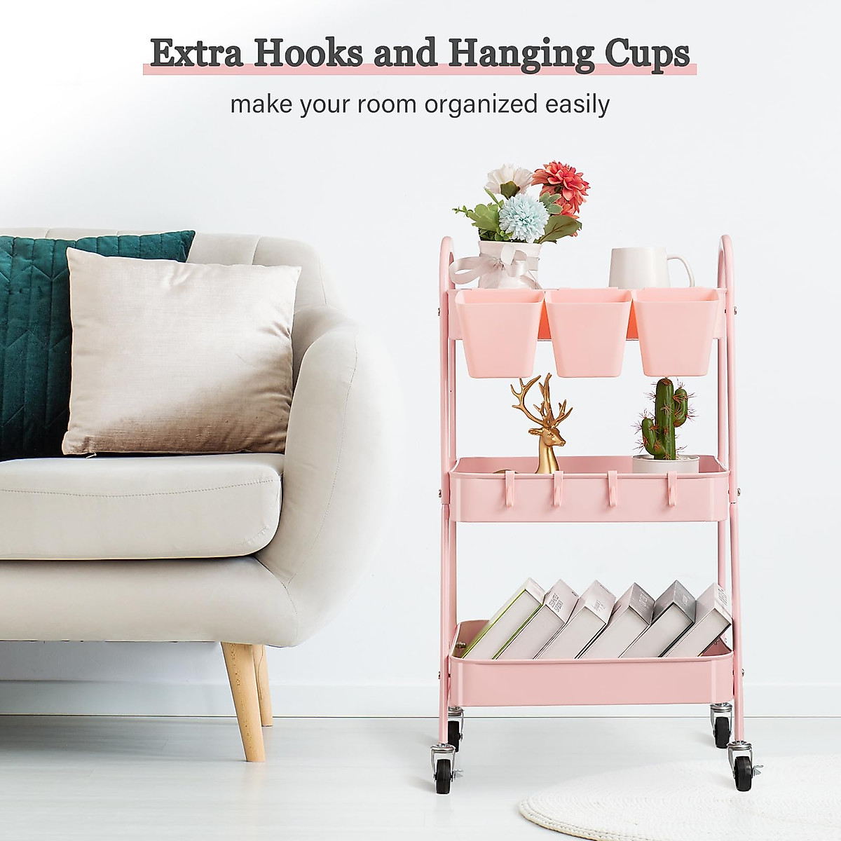danpinera 3-Tier Rolling Cart, Metal Rolling Storage Cart with Lockable Wheels & Hanging Cups & Hooks, Mobile Trolley Cart for Kitchen, Bathroom, Office, Workshop, Pink