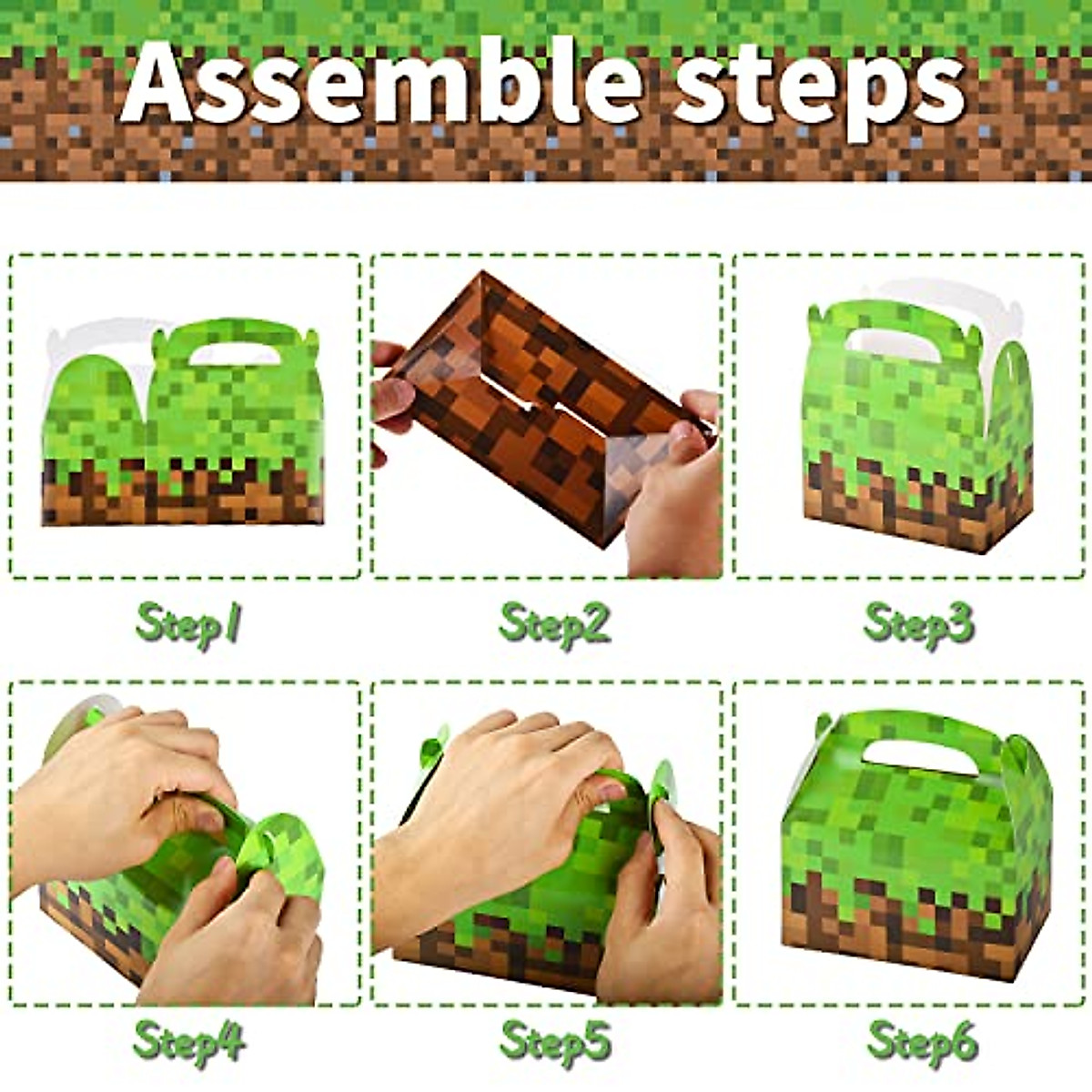 Gatherfun Miner Pixel Style Treat Boxes 24 Pieces Candy Gable Boxes Goodies Boxes Cardboard Present Boxes with Handles for Pixel Birthday Game Party Favors, 6 x 3.5 x 3.5 Inches, 6 Designs