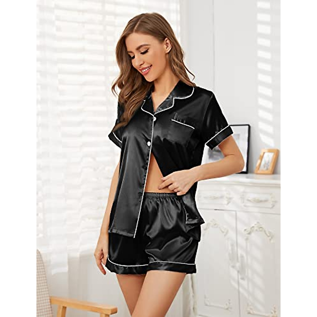 QLVKYW Pajamas for Women Shorts Set Top and Pants Silk Pj Set Satin Loose Fit Sleepwear for Sleeping Lounging Black