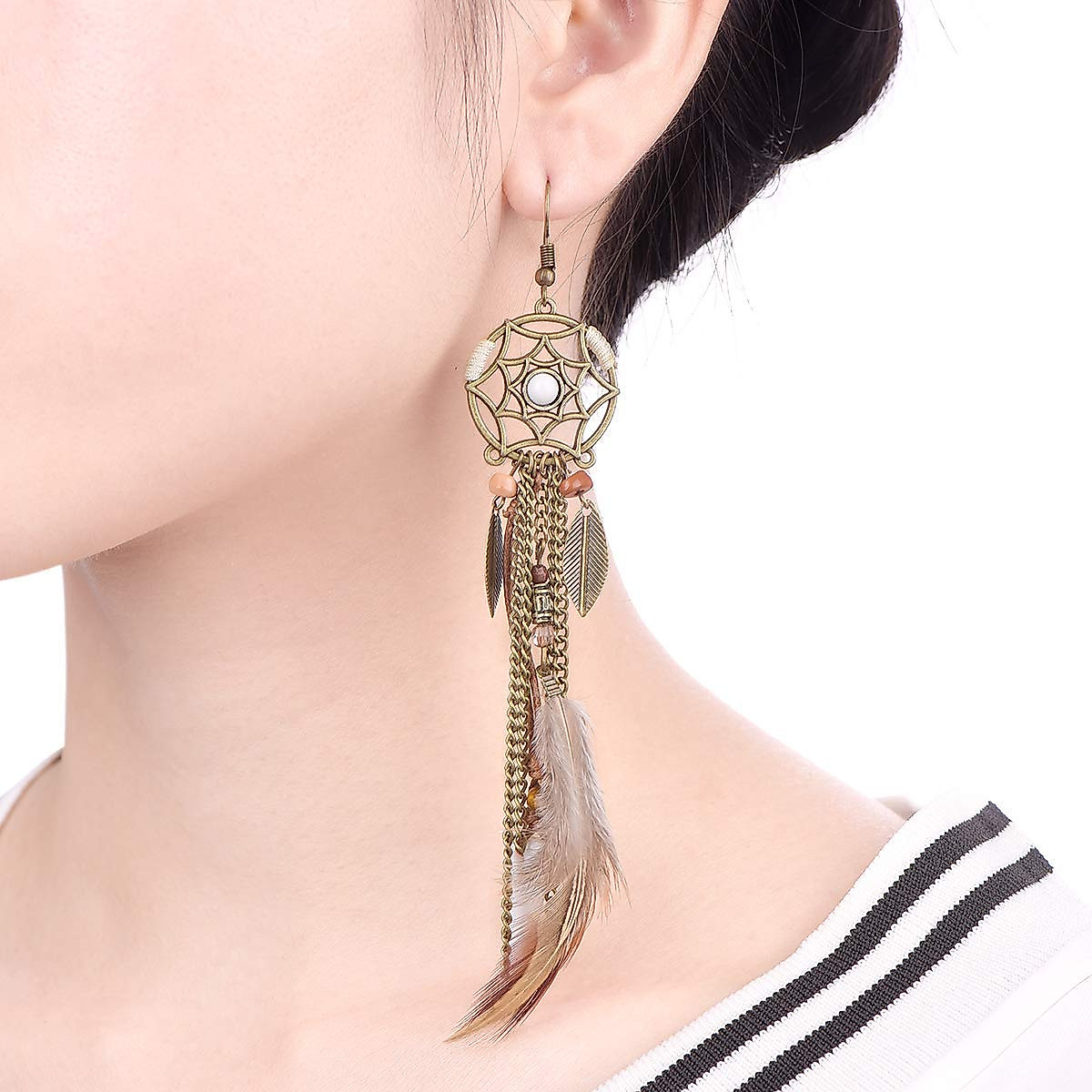Punk Vintage Long Tassel Feather Beads Drop Wolf Tooth Pendant Earring Fish Hook Earrings (Brown A)