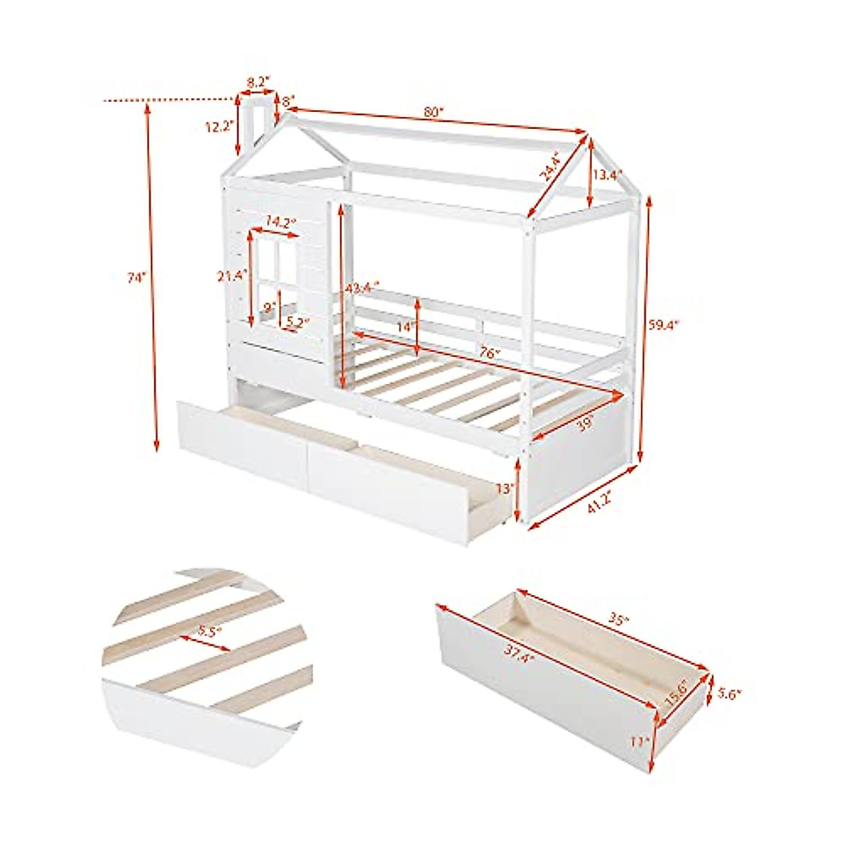 Merax House Bed with Two Drawers, Window and Roof, Twin Size Wood Storage Bunk Bed Daybed Can be Decorated for Girls, Boys (White)