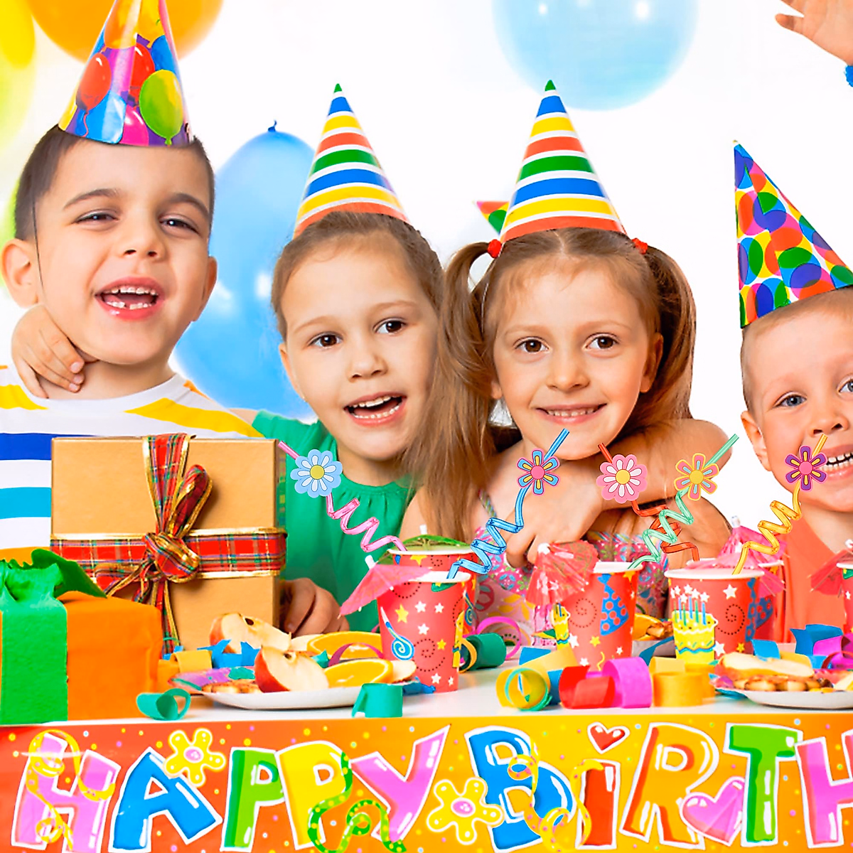 32pieces Flower Drinking Straws for Kids Reusable Flower Theme Kids Party Supplies Favors Decorations