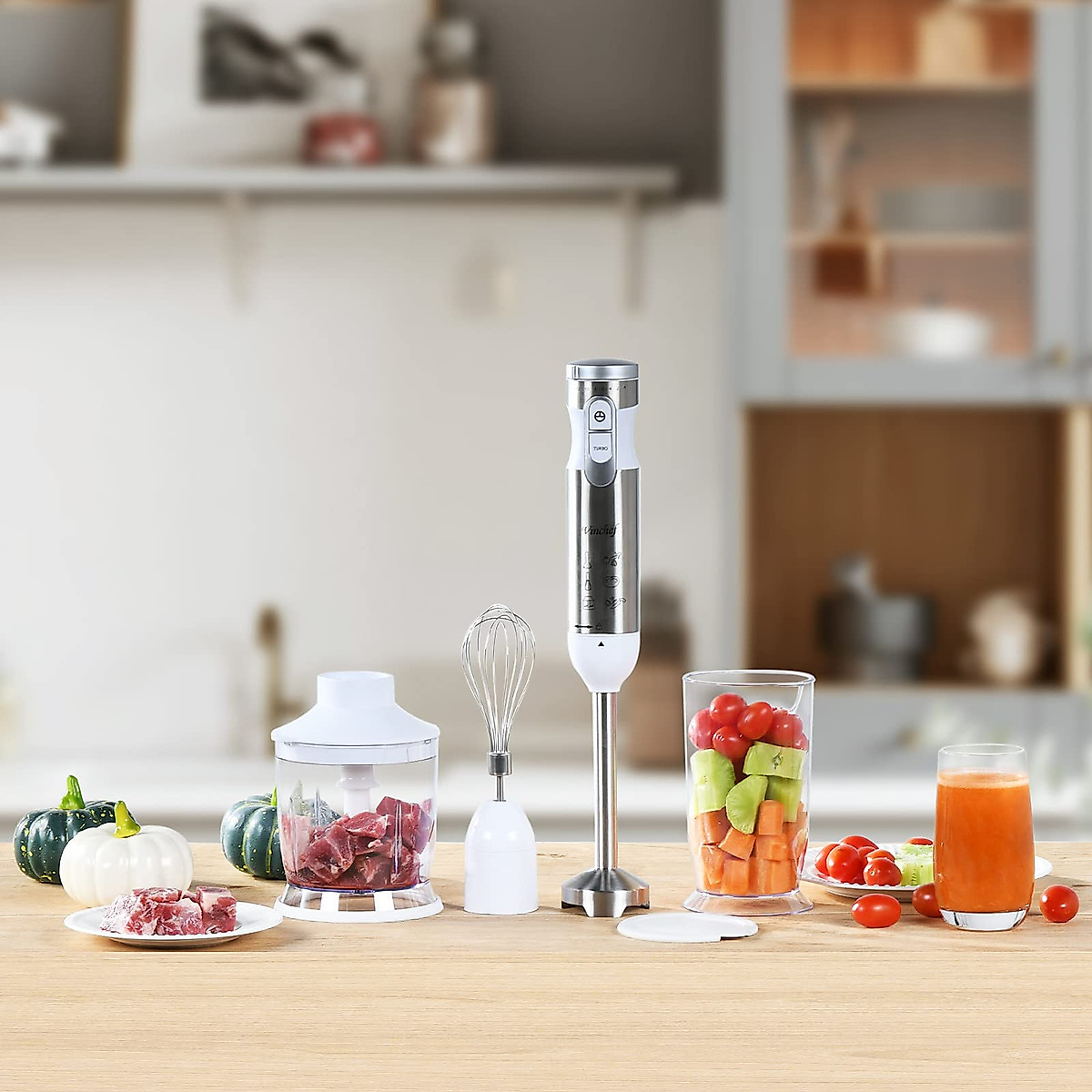 Vinchef 5 in 1 Immersion Hand Blender, 300 Watt, Multi-Speed Stainless Steel Handheld Stick Blender with 700ml Beaker, Whisk, Chopper/Grinder Bowl and Wall Rack, BPA-Free