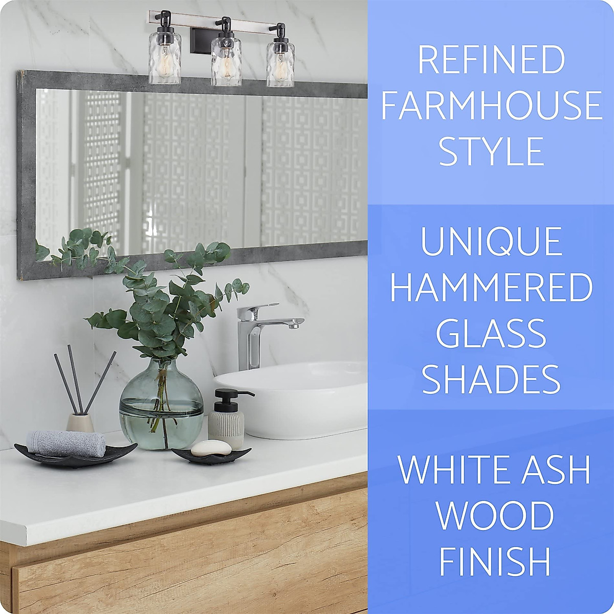 Kira Home Ashland 24" 3-Light Farmhouse Bathroom/Vanity Light + Hammered Glass Shades, White Ash Wood Style + Black Finish