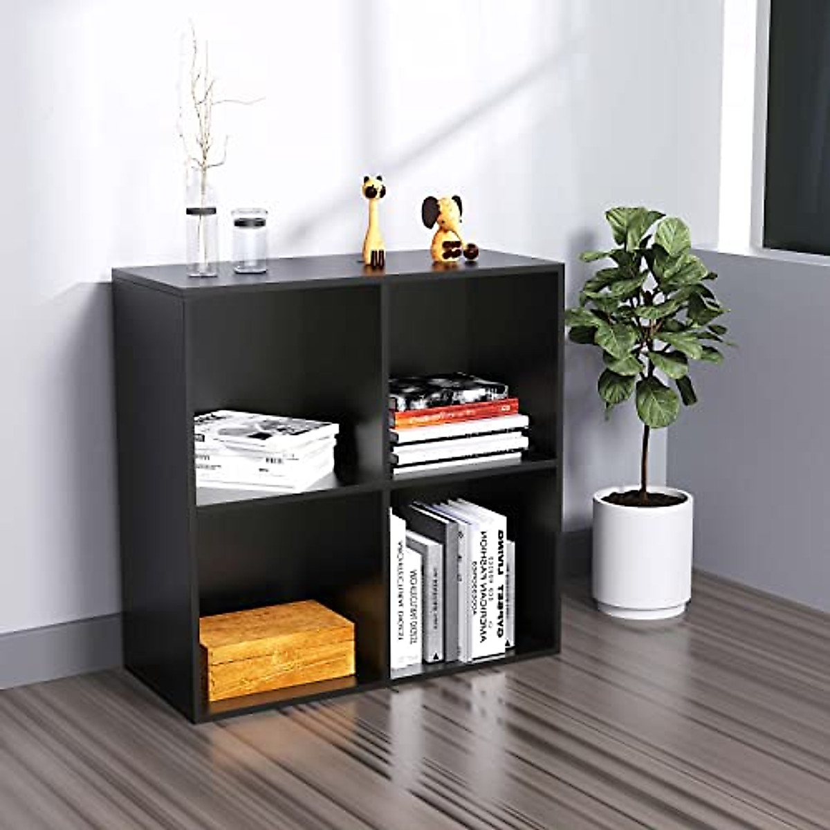 CREATIVELAND 4 Cube Storage Organizer Black Bookshelf Wooden Closet Unit Assemble Display Rack Shelving for Office,Bedroom,Living Room Home Furniture