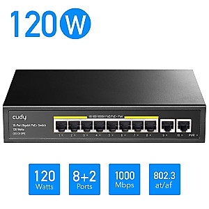 Cudy 8 Port Gigabit PoE Switch, 120 Watts PoE Budget, 8 10/100/1000Mbps PoE+ Ports, 2 Gigabit Uplink Ports , 802.3at, 802.3af, 1/2 (+), 3/6 (-), Fanless, Plug and Play, GS1010PE