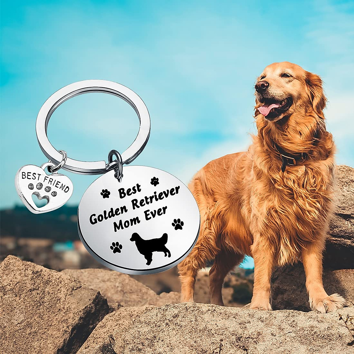 FUSTMW Dog Owner Gifts Best Boxer, Boston Terrier, Golden Retriever Mom Ever Keychain Gift Dog Lover Gifts Paw Print Jewelry Animal Pet Owner Rescue Gift (Golden mom Ky)