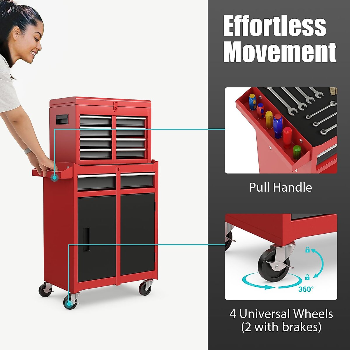 Goplus Tool Chest, 5-Drawer Rolling Tool Storage Cabinet with Detachable Top Tool Box, Liner, Universal Lockable Wheels, Adjustable Shelf, Locking Mechanism, Metal Tool Cart for Garage Workshop