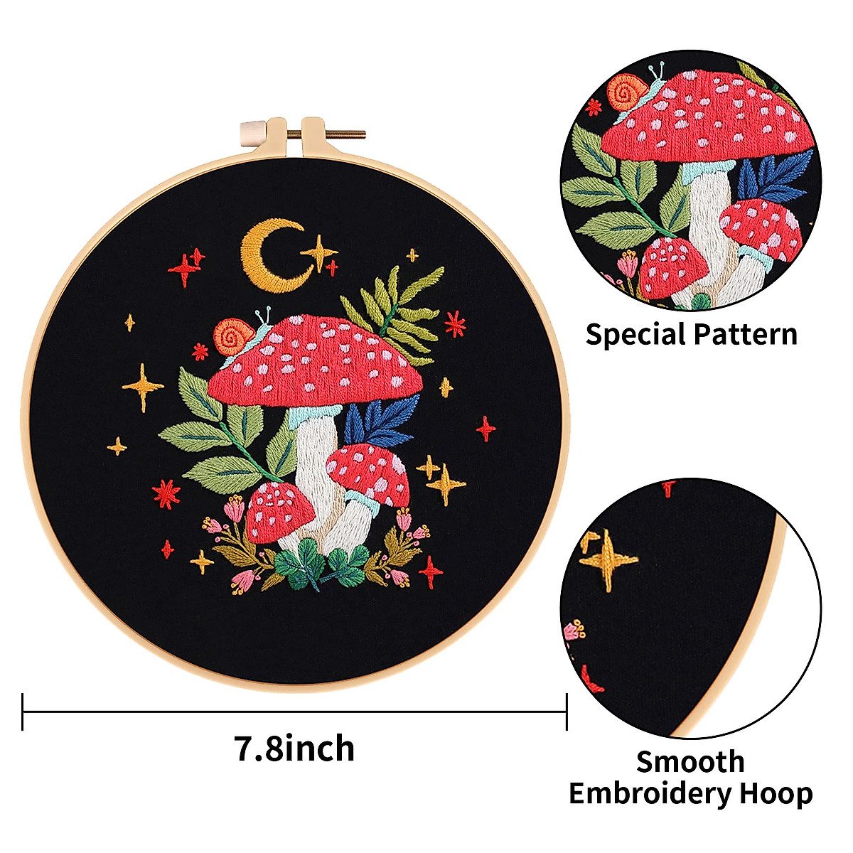 Nuberlic 3 Pack Embroidery Kit for Adults Beginners, Stamped Cross Stitch Mushroom Patterns with Hoop, Thread, Needles & Step-by-Step Guide Easy DIY Starter Kit
