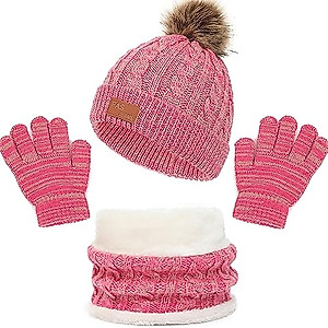 Enwokran 3pcs Kids Winter Hat Scarf Gloves Set, Fleece Lining Beanie Hat with Pom, Knit Gloves Neck Warmer for Girls Boys 2-6 Years Old (Pink)