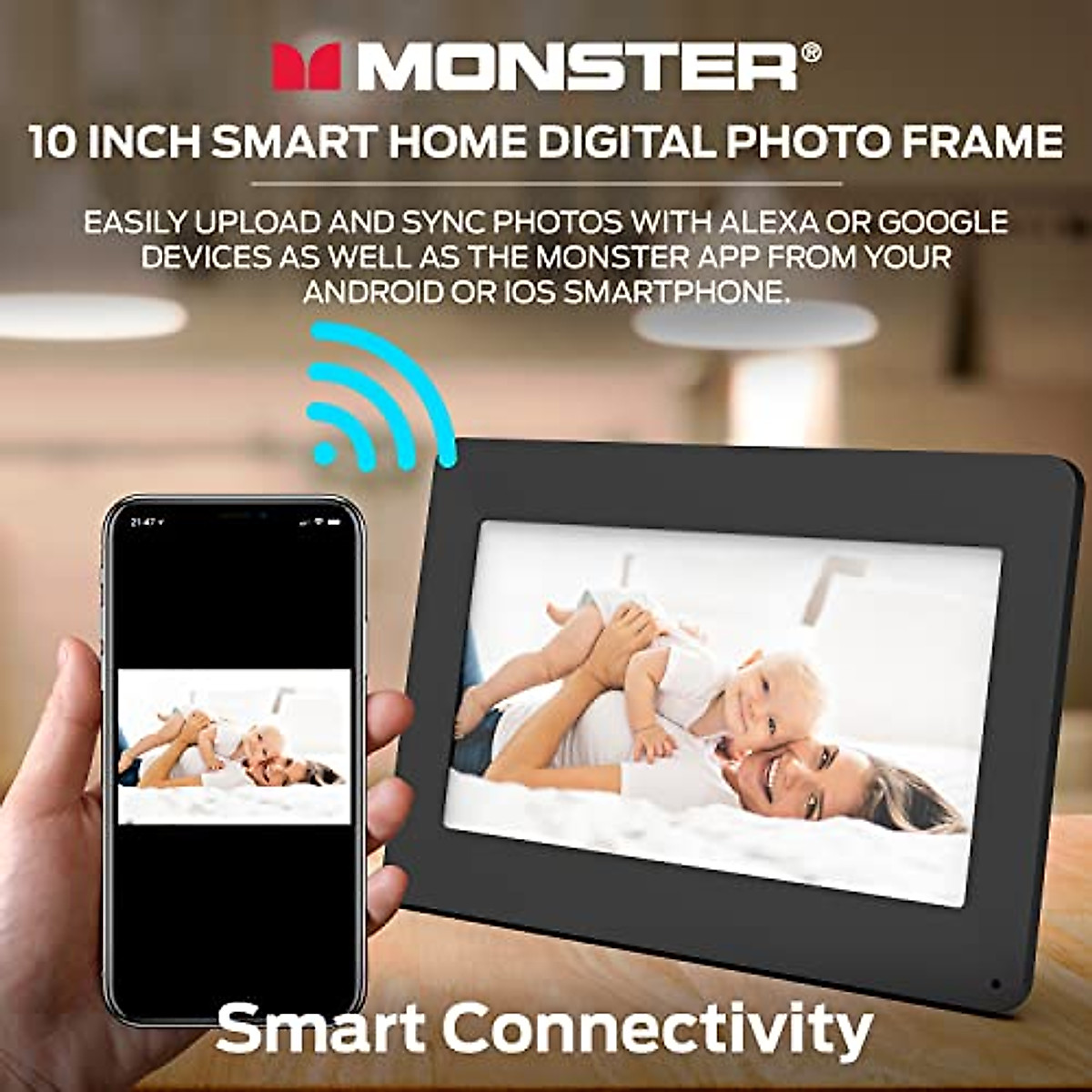 Monster Smart Home 16 GB Digital Photo Frame, High Definition 1280p Smart Picture Frame-10 inch