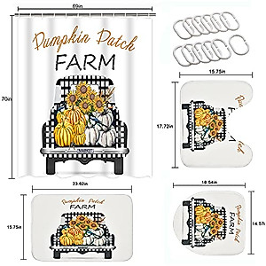 Ikfashoni 4Pcs Fall Shower Curtain Set with Non-Slip Rugs, Toilet Lid Cover and Bath Mat, Thanksgiving Farmhouse Truck Shower Curtain with 12 Hooks, Autumn Pumpkin Shower Curtain for Bathroom