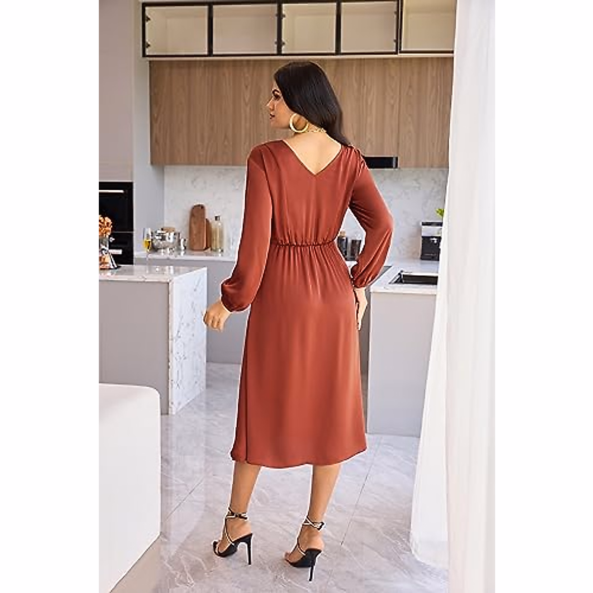 GRACE KARIN Long Sleeve Satin Wedding Guest Dresses for Women Cocktail Midi Dress Elegant A-Line Slit Semi Formal Dress Rust XL