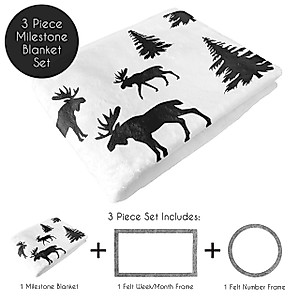 Sweet Jojo Designs Woodland Moose Boy Milestone Blanket Monthly Newborn First Year Growth Mat Baby Shower Memory Keepsake Gift Picture - Black and White Forest Adventure Awaits Rustic Patch