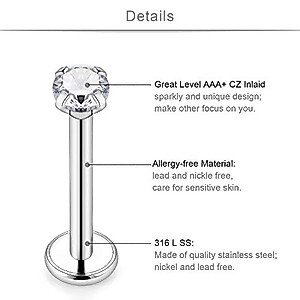 SCERRING 16PCS 16G 2mm Clear CZ Opal Internally Threaded Labret Monroe Lip Ring Tragus Nail Helix Earring Stud Piercing Jewelry Bar Length 6mm