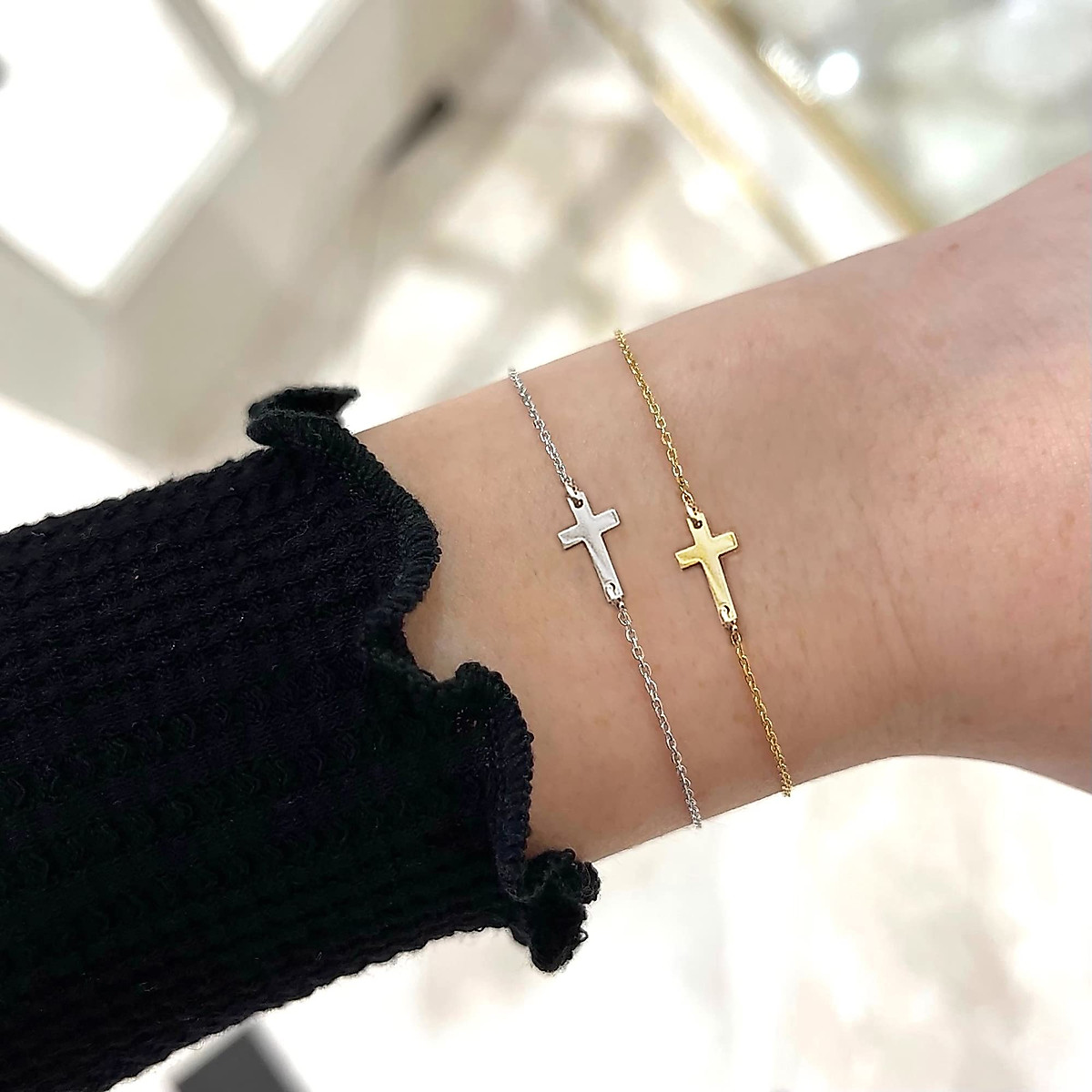 Tewiky Silver Cross Bracelet for Women Dainty Tiny Charms Sideways Delicate Cross Jewelry Cute Confirmation Gifts for Women