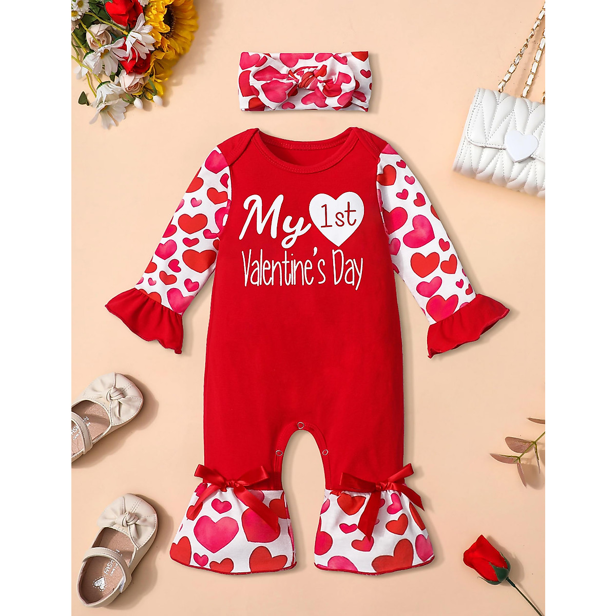 Valentines Baby Girl Outfit, 0-3 Months My First Valentines Day Baby Girl Outfit Letter Printed Long Sleeve Romper Ruffle Jumpsuits with Headband 2Pcs Set